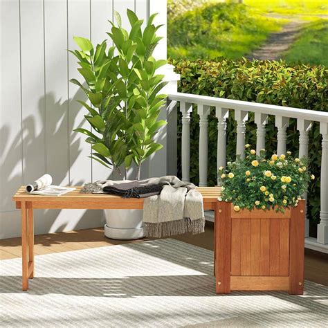 Honey Joy Wood Outdoor Storage Stool Bench With Planter Box And Seat
