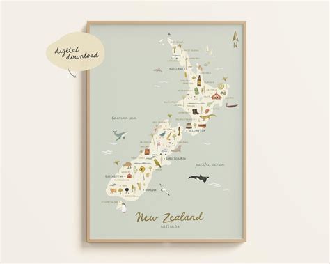 Map Of New Zealand Illustrated Nz Map Nz Print Map Illustration