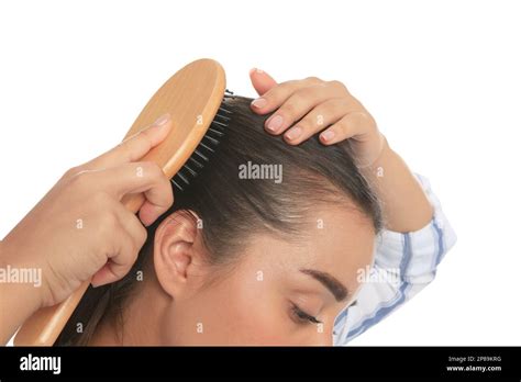 Woman With Hair Loss Problem On White Background Closeup Trichology
