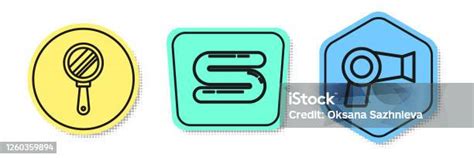 세트 라인 핸드 미러 수건 및 헤어 드라이어 컬러 셰이프입니다 벡터 개인 장식품에 대한 스톡 벡터 아트 및 기타 이미지 개인 장식품 거울 건조한 Istock