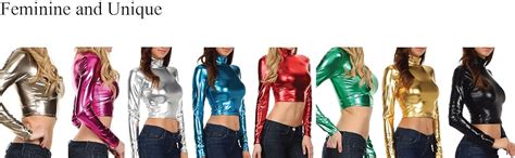 Sakkas Metallic Liquid Mock Neck Turtleneck Long Sleeve Crop Top Made