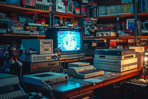 Retro Gaming Setup With Classic Consoles And Vintage Objects Stock
