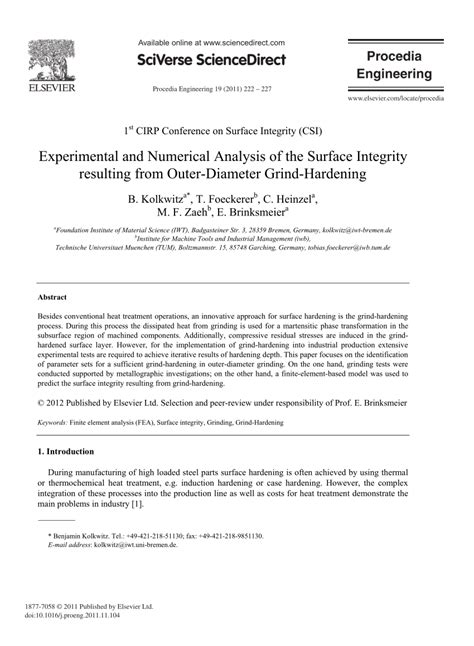 Pdf Experimental And Numerical Analysis Of The Surface Integrity