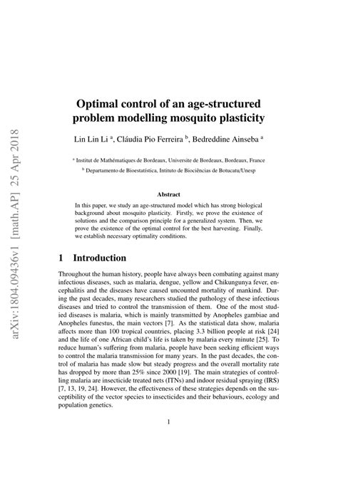 Pdf Optimal Control Of An Age Structured Problem Modelling Mosquito Plasticity