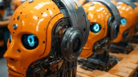 A Row Of Orange Robots Sitting On Top Of A Table 50619837 Stock Video
