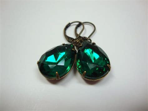 Vintage Style Emerald Pear Shaped Antiqued Brass Earrings Etsy