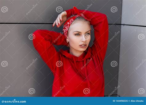 Stylish Attractive Young Woman With Beautiful Blue Eyes With Lips With Natural Make Up With A