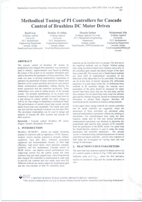 Pdf Methodical Tuning Of Pi Controllers For Cascade Control Of Brushless Dc Motor Drives