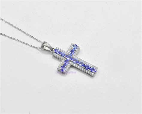 Natural 4x3 Mm Blue Tanzanite Holy Cross Pendant Necklace925 Sterling