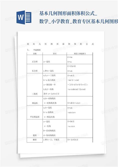 基本几何图形面积体积公式数学小学教育教育专区 基本几何图形面积word模板下载编号lpzygokd熊猫办公