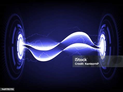 기술 전기 번개가 빛나는 벼락과 파란색 배경에 마법의 선을 강화합니다 에너지 웨이브 기술 개념 벡터 그림입니다 추상 과학