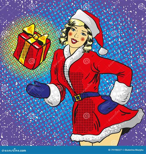 Santa Pin Up Girl In Red Dress Holding A T Vector Illustration In