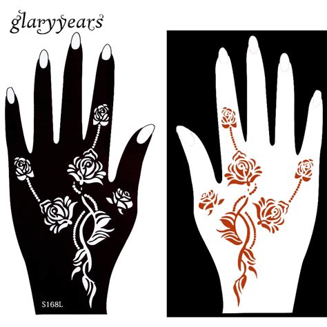 3 Pairs Mehndi Hollow Henna Tattoo Stencil Rose Flower Colored Drawing