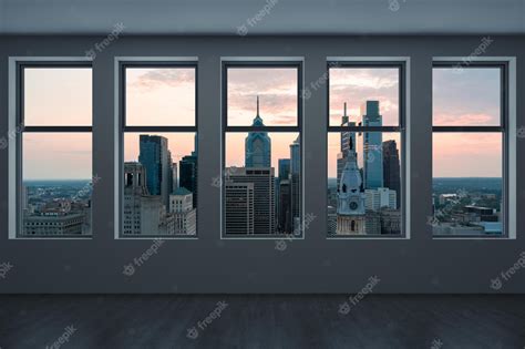 空の部屋のインテリア超高層ビル高層ビルから街並みのダウンタウンフィラデルフィア市のスカイラインの建物を表示美しい不動産サンセット3d