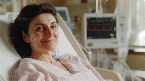 Greek Woman In Hospital Bed Resting With Smile Medical Care Health