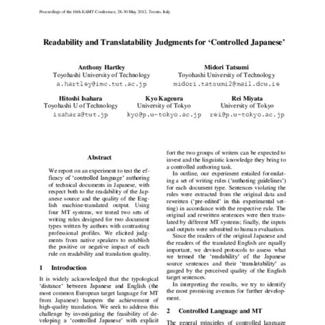 Readability And Translatability Judgments For Controlled Japanese” Acl Anthology