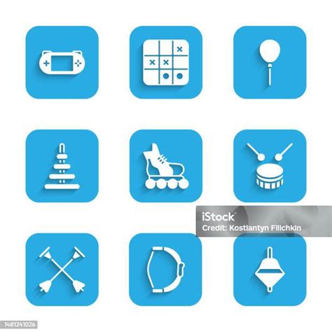 세트 롤러 스케이트 활 장난감 소용돌이 드럼 스틱과 드럼 화살표 빨판 팁 피라미드 풍선 리본 및 휴대용 비디오 게임 콘솔 아이콘 벡터 Brand Name Video Game