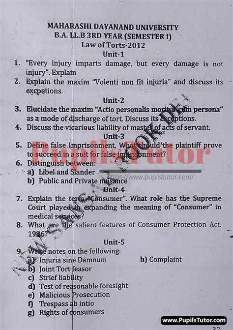 Mdu Llb 1st Semester Law Of Torts Question Paper 2012 Paper Code