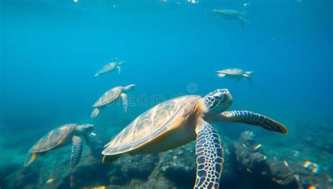 Sea Turtles Swimming In Polluted With Plastic Bags Ocean Stock