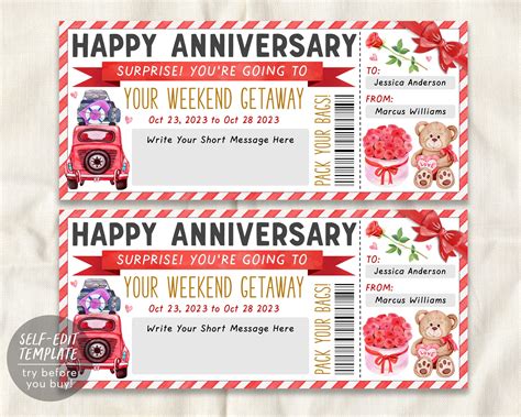 Surprise Weekend Getaway Voucher Editable Template Wedding Anniversar