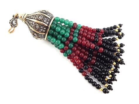 Large Long Black Red Green Jade Stone Beaded Tassel With Crystal