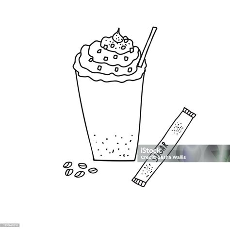손으로 그린 낙서 벡터 일러스트는 빨대와 컵을 갈 플라스틱 위에 거품과 휘핑 크림 달콤한 Frappe 커피 음료의 그림 흰색 배경에 격리 각얼음에 대한 스톡 벡터 아트 및