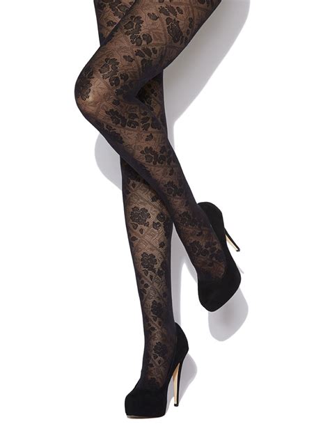 Charnos Opaque Floral Tights Rose And Diamond Patterned Fashion Black