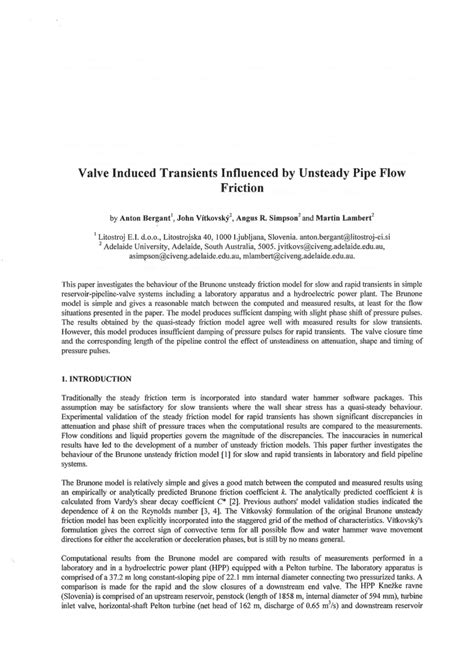 Pdf Valve Induced Transients Influenced By Unsteady Pipe Flow Friction