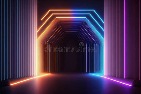 Wall With Neon Led Light Shapes Abstract Dark Glow Background 3d