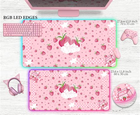 Pink Cute Deskmat Kawaii Mousepad Strawberry Milk Pink Desk Mat