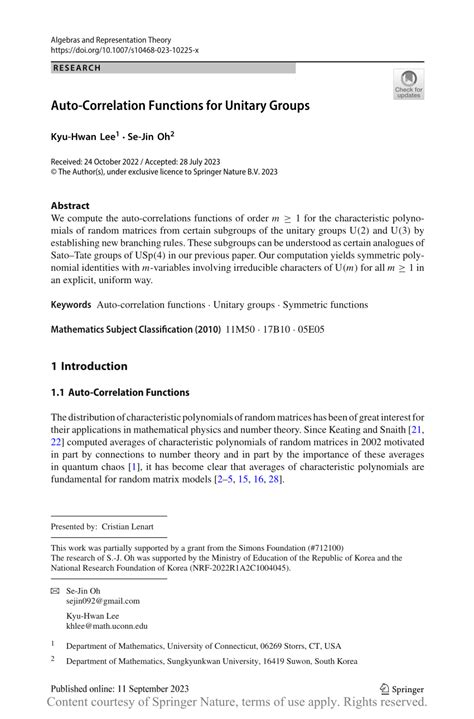 Auto Correlation Functions For Unitary Groups