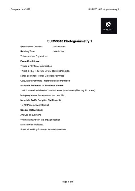 Surv3610 Photogrammetry 1 Sample Exam Surv3610 Photogrammetry 1