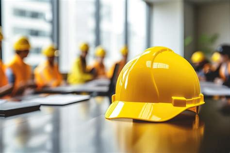 Premium Ai Image Close Up Of Yellow Helmet With Engineer Teams