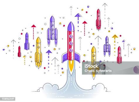 시동 로켓 이륙 우주 로켓 비행 사업 개념 벡터 일러스트 레이 션을 시작 합니다 Launch Party에 대한 스톡 벡터 아트