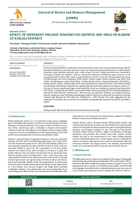 Pdf Effect Of Different Organic Manures On Growth And Yield Of Radish