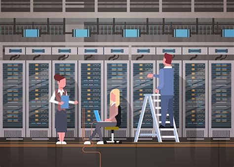 Premium Vector Man Working In Data Center Room Hosting Server