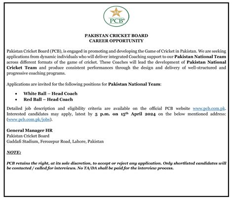 Pcb Places Ad Seeking Separate Head Coaches For Red White Ball Formats