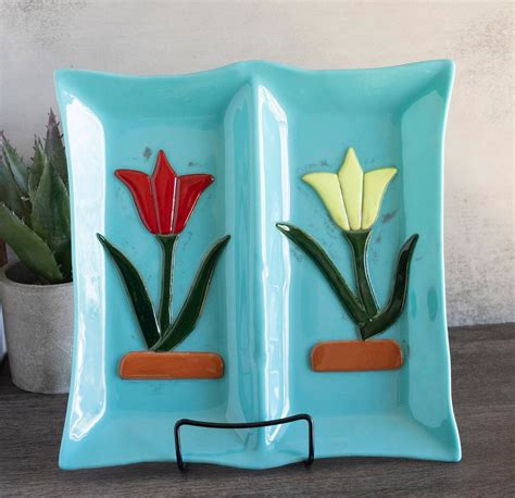 Vintage Tulips Fused Art Glass Plate Sectional Serving Dish Etsy