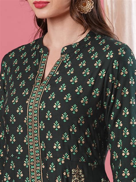 Globus Women Green Mandarin Collar Allover Ethnic Motifs Printed