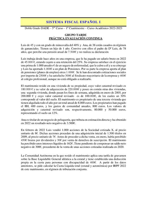 Enunciado PRÁ Ctica examen continua SISTEMA FISCAL ESPAÑOL I Doble