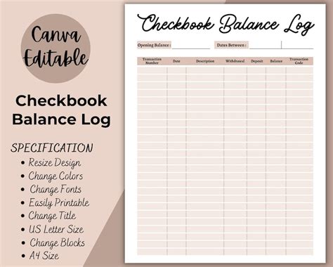 Checkbook Balance Log Printable Income And Expense Canva Etsy