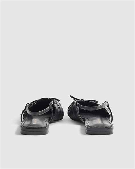 Black Ruched Bow Sling Back Flat Shoes River Island