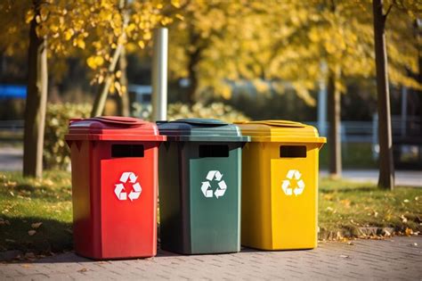 Coloridas papeleras de reciclaje con símbolo de reciclaje en la ciudad Foto Premium