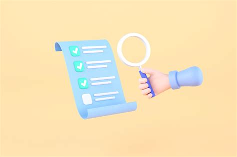 체크리스트 종이를 들고 돋보기를 들고 손을 잡습니다 체크 표시가있는 용지 아이콘을 선택하십시오 3차원 형태에 대한 스톡 사진 및