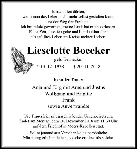 Alle Traueranzeigen für Lieselotte Boecker trauer rp online de