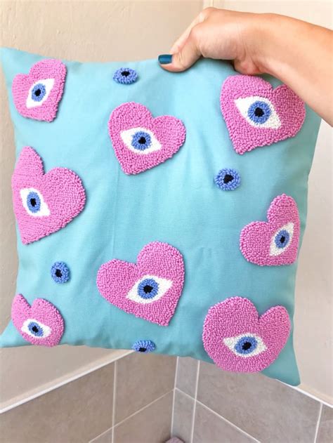 Punch Needle Evil Eye Pillow Cover Mint Blue Cushion Case Embroidery