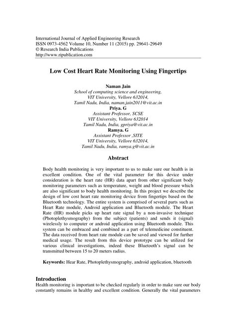 Pdf Low Cost Heart Rate Monitoring Using Fingertips