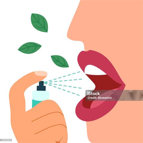 흰색 배경에 평면 디자인에서 신선한 호흡 또는 인후 감염 치료를 위해 입 스프레이를 사용하는 여성 목구멍 목에 대한 스톡 벡터