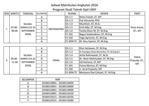 jadwal matrikulasi mahasiswa baru 2016 2017 teknik sipil