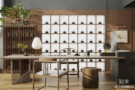 新中式茶室餐桌椅组合台灯盆栽茶柜茶壶茶具展示墙挂画3d模型下载 Id1142898721【知末网】